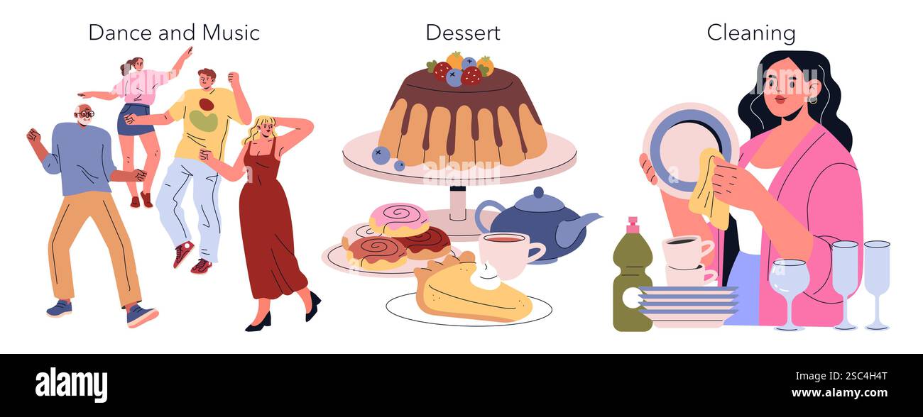 Dinner party illustration showcases lively interactions with dancing ...