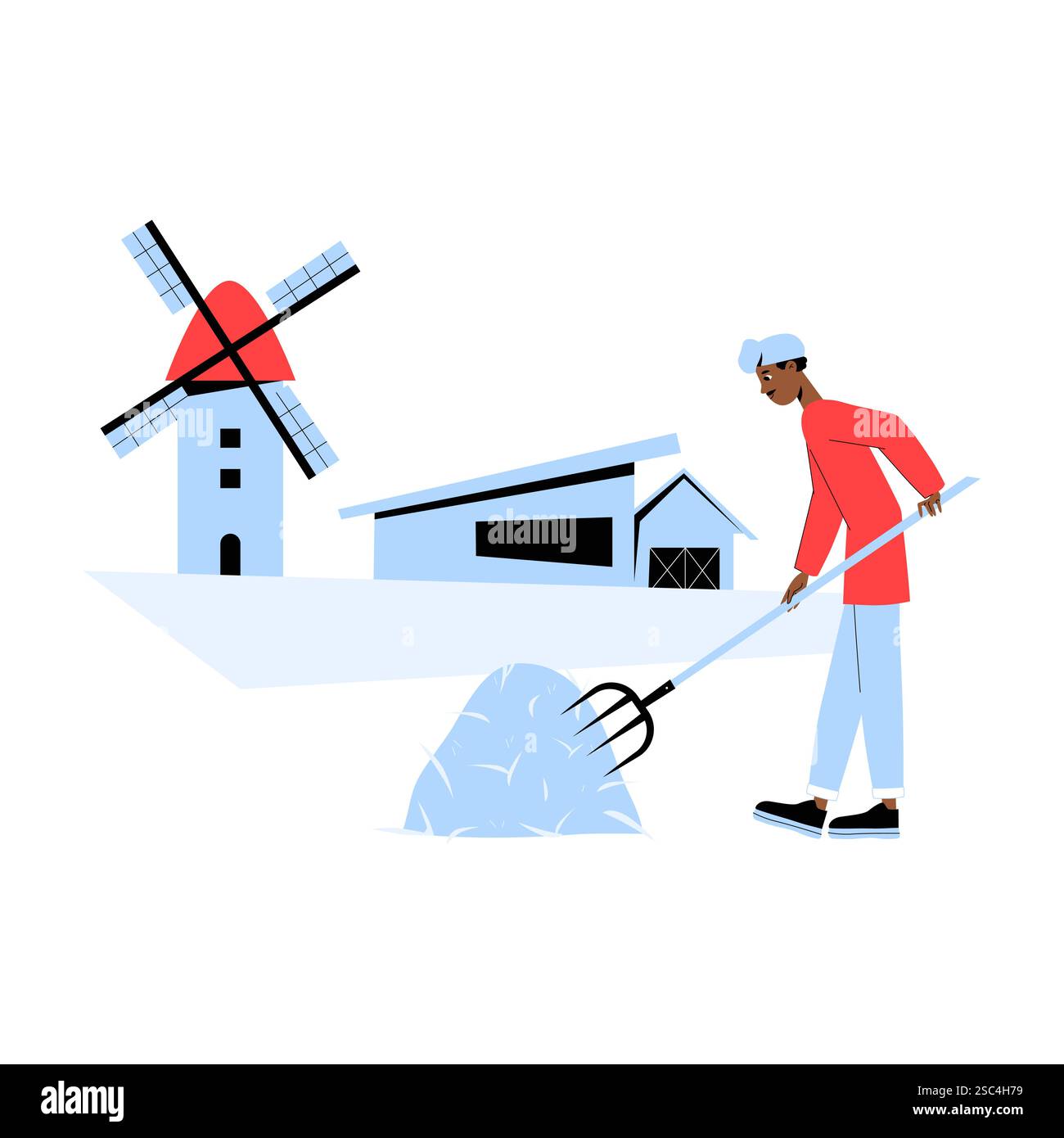 Male Farmer Using Pitchfork on a Farm in Flat Vector Illustration ...