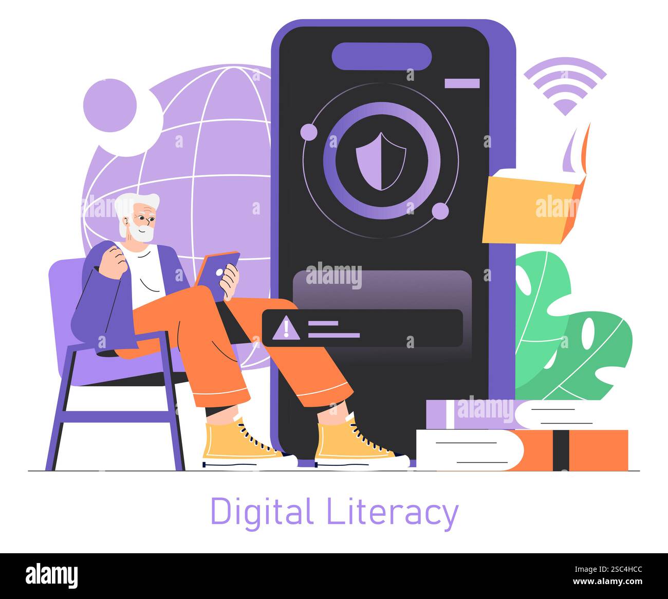 Safety Internet Day concept. An elderly man uses a secure smartphone ...
