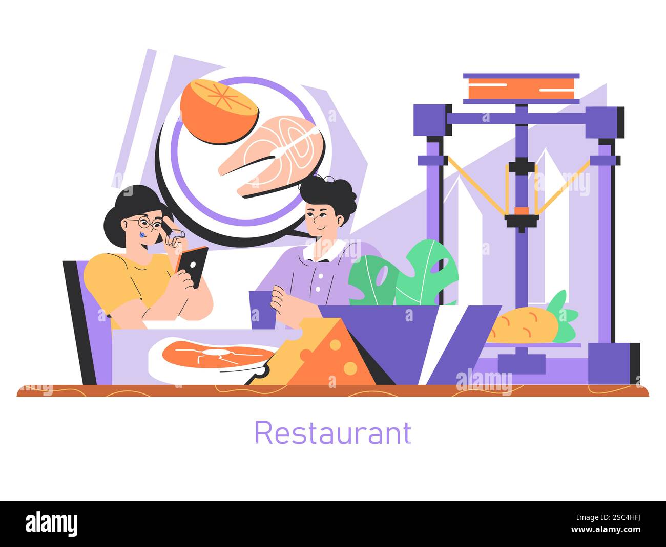 Food Printing concept. Customers at a modern restaurant watch as a 3D ...