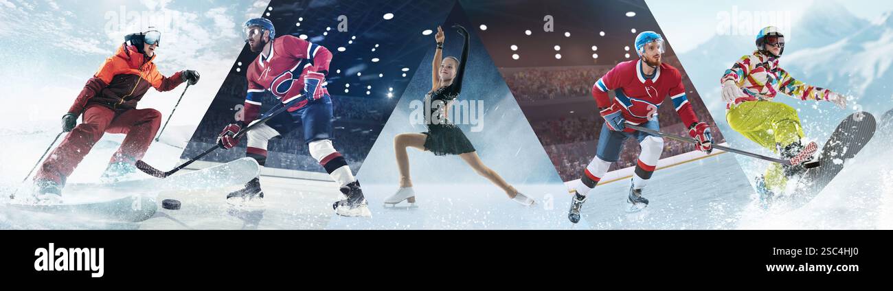 Winter sports. Skiing, ice hockey, figure skating, and snowboarding ...