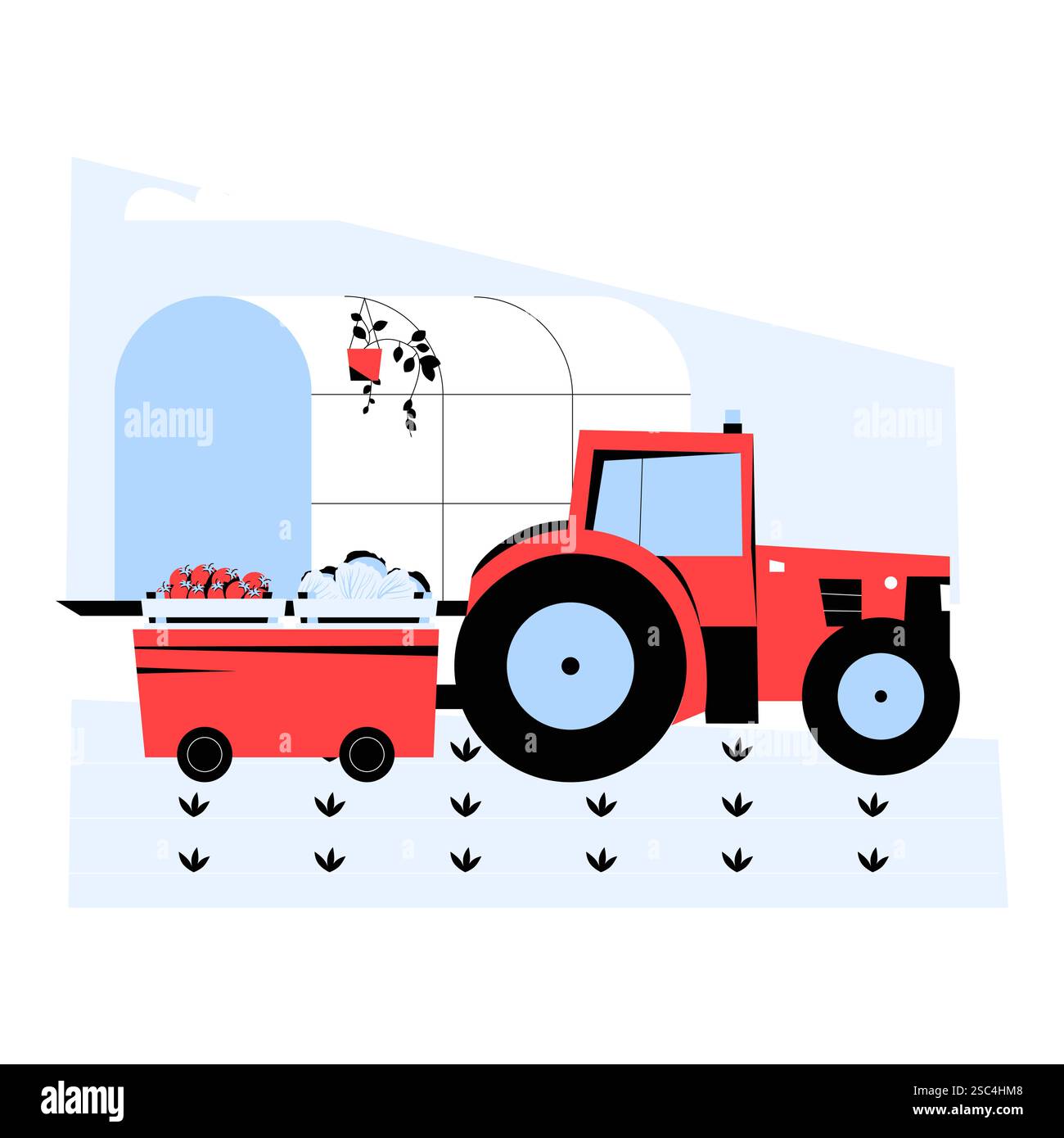 Red Tractor With Trailer Carrying Harvest In Flat Vector Illustration ...