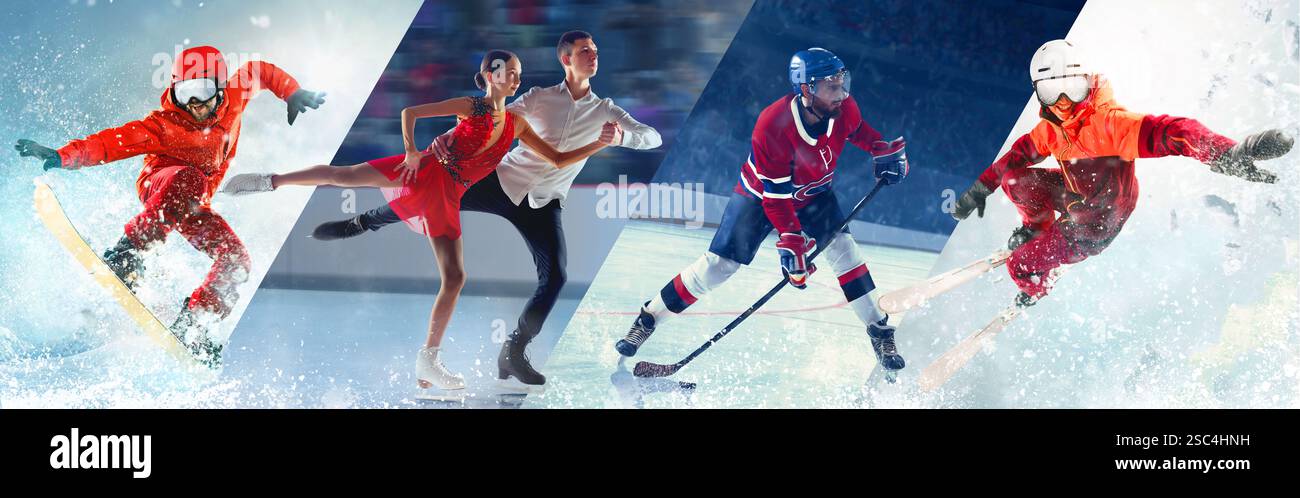 Winter sports. Snowboarders, figure skaters, and hockey players in ...