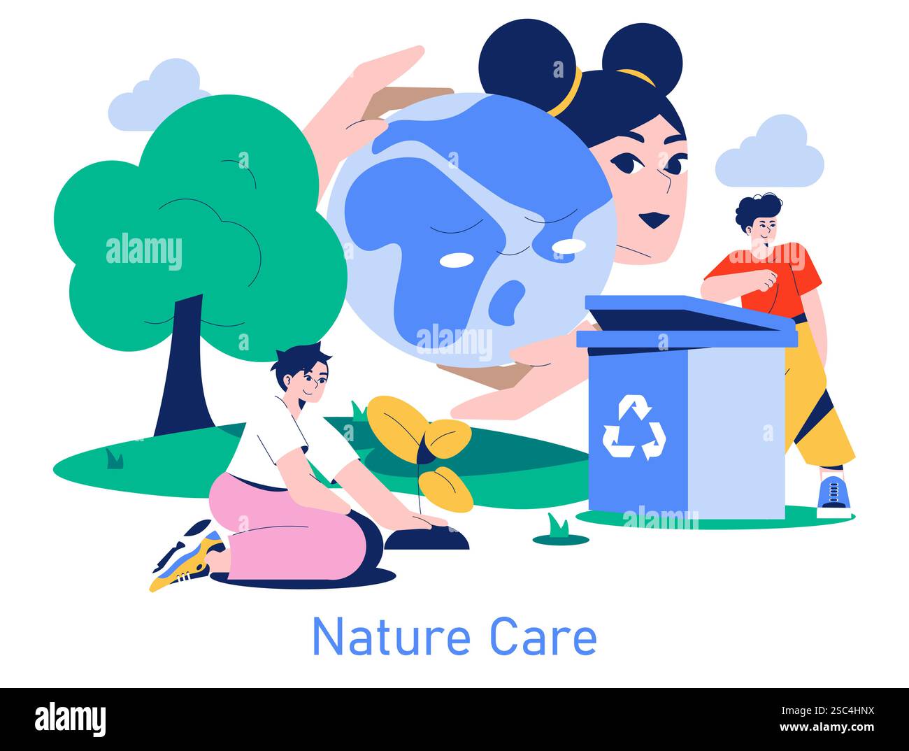 Care Day concept. People engage in eco-friendly practices, nurturing plants, and recycling waste ...