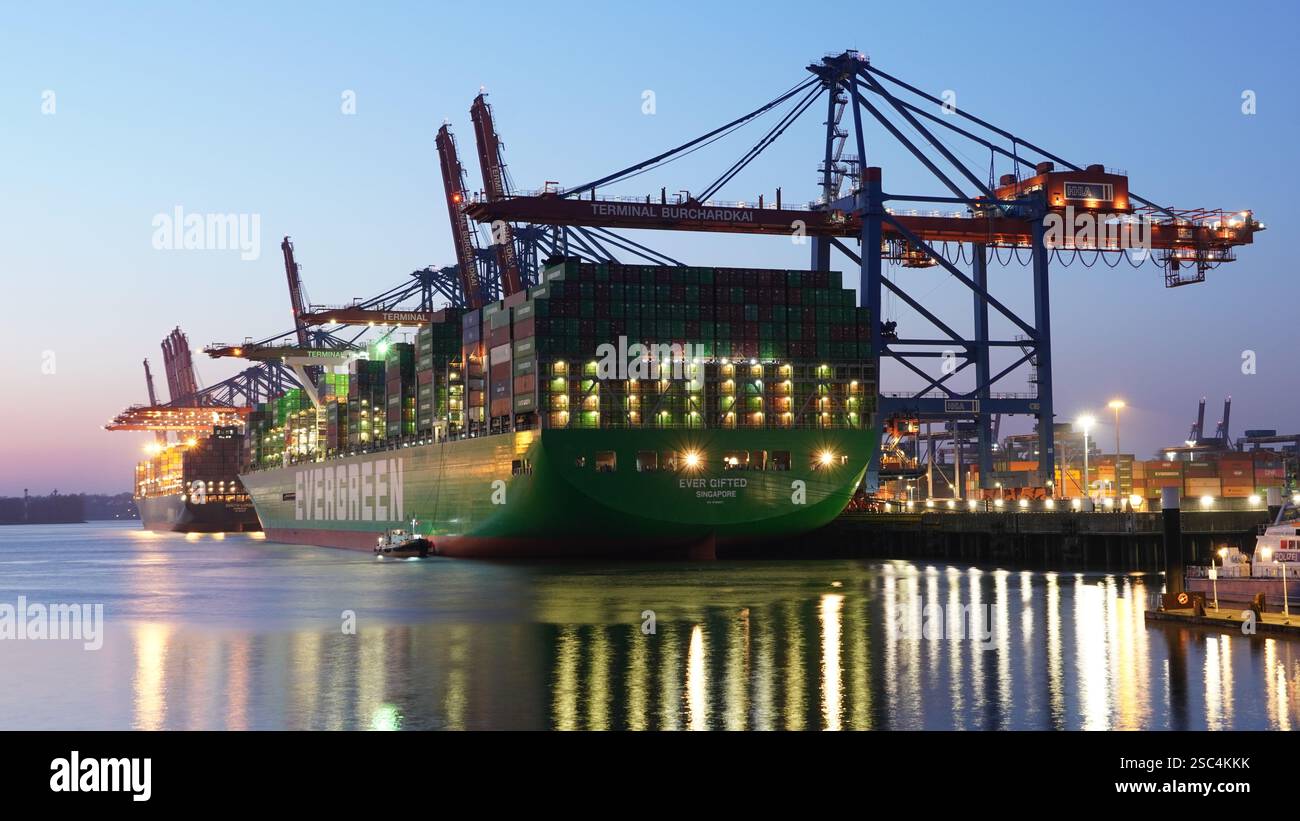 Illuminated container ship "Ever Gifted" from the shipping company ...