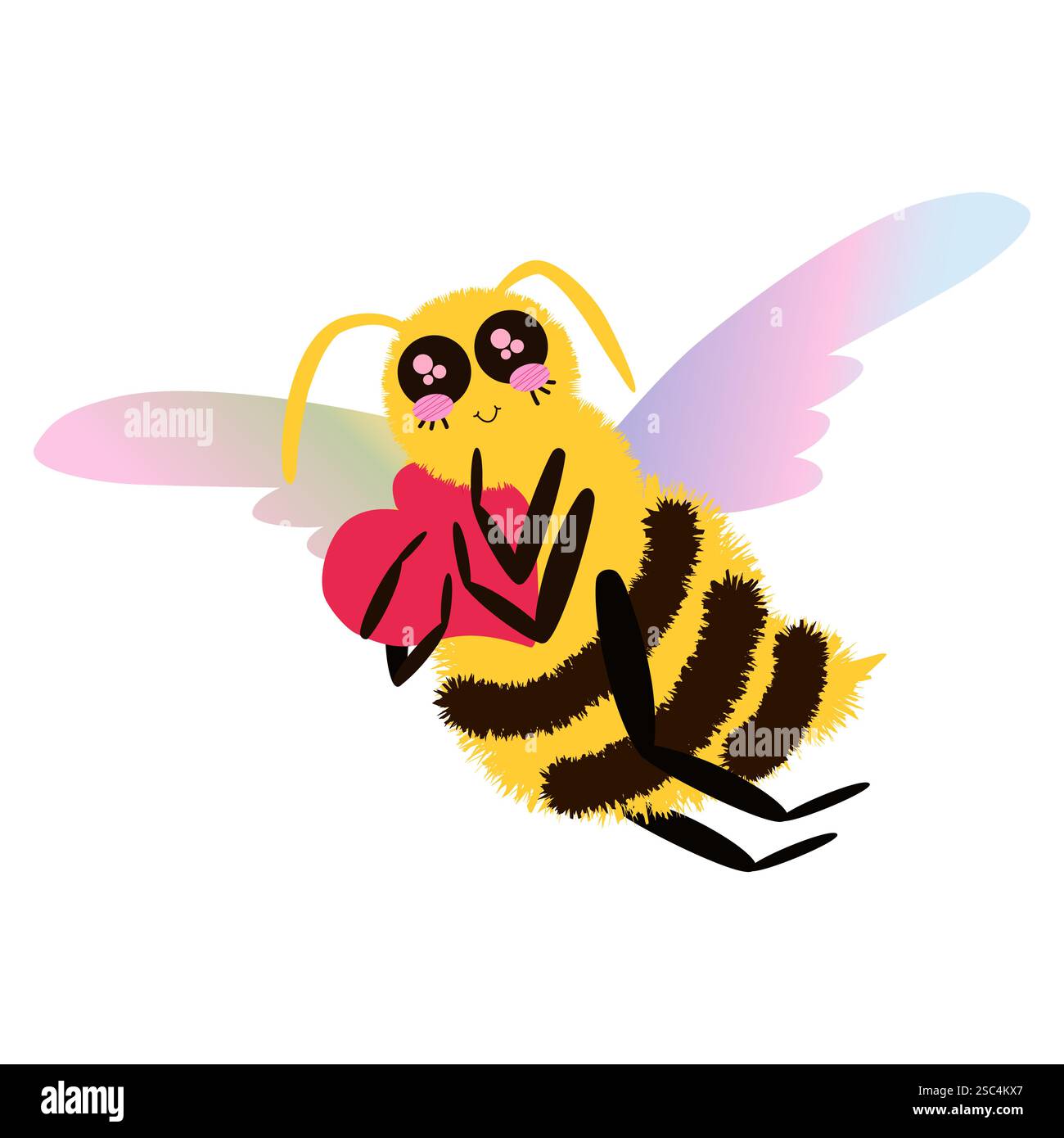 Fluffy Bee character with colorful wings flying and holding big heart ...