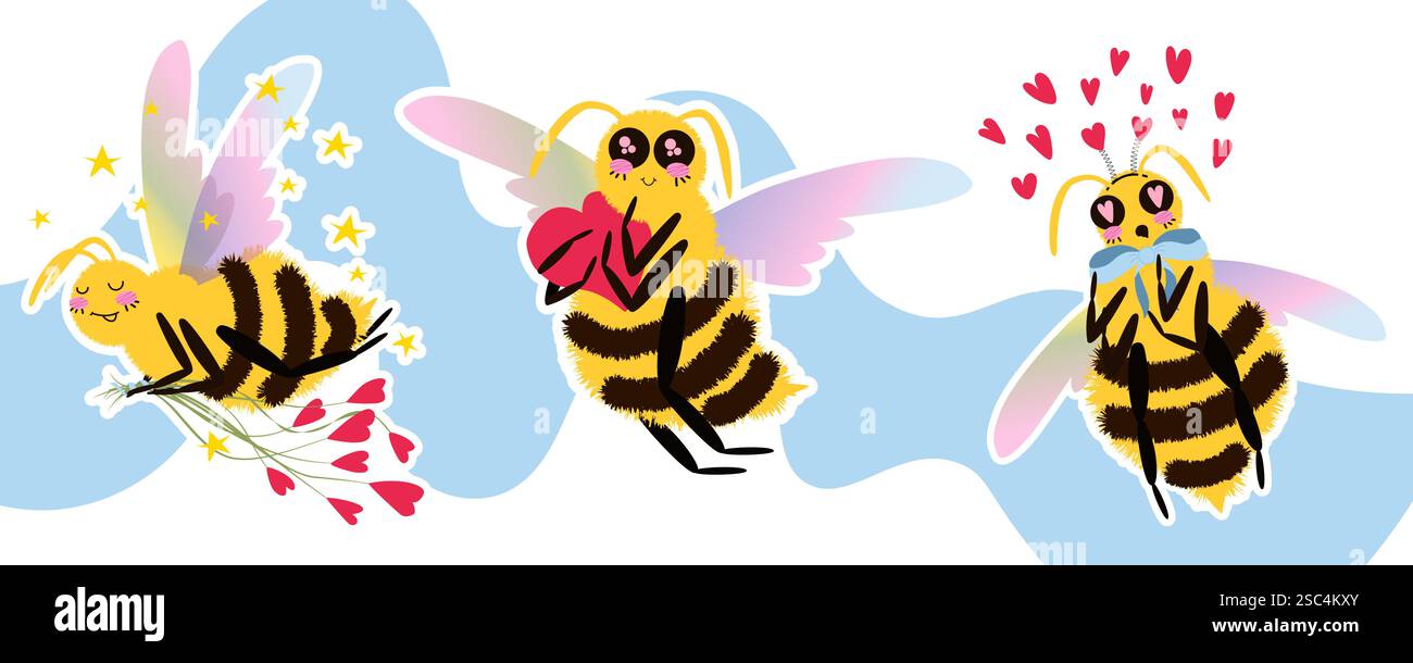 Set of cute cartoon bees. Fluffy Bee characters with colorful wings in ...