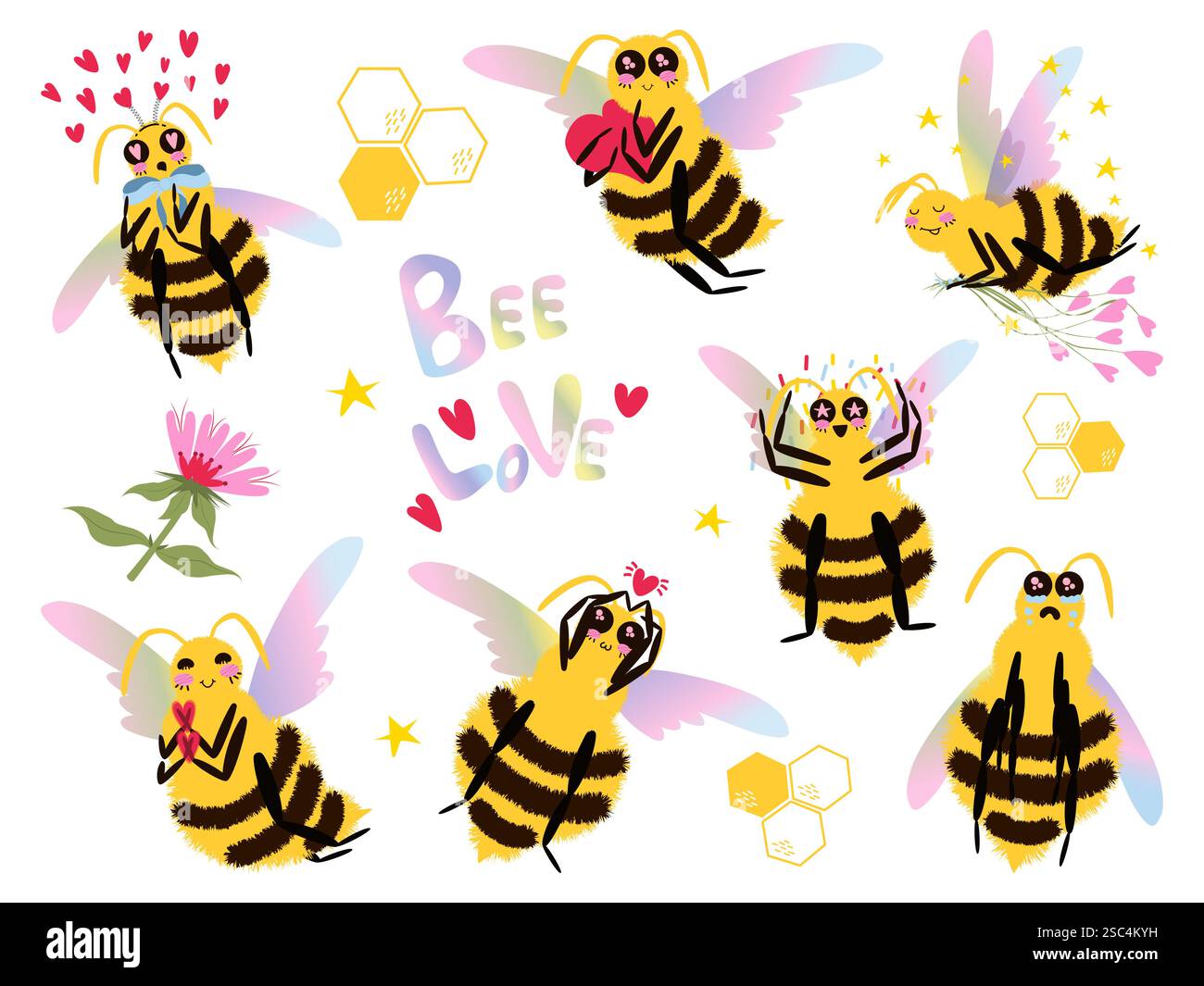 Set of happy Bees. Fluffy Bee expressive characters with rainbow-tinted ...