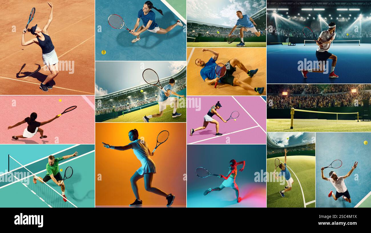 Tennis intensity. Athletes in powerful action in various courts ...