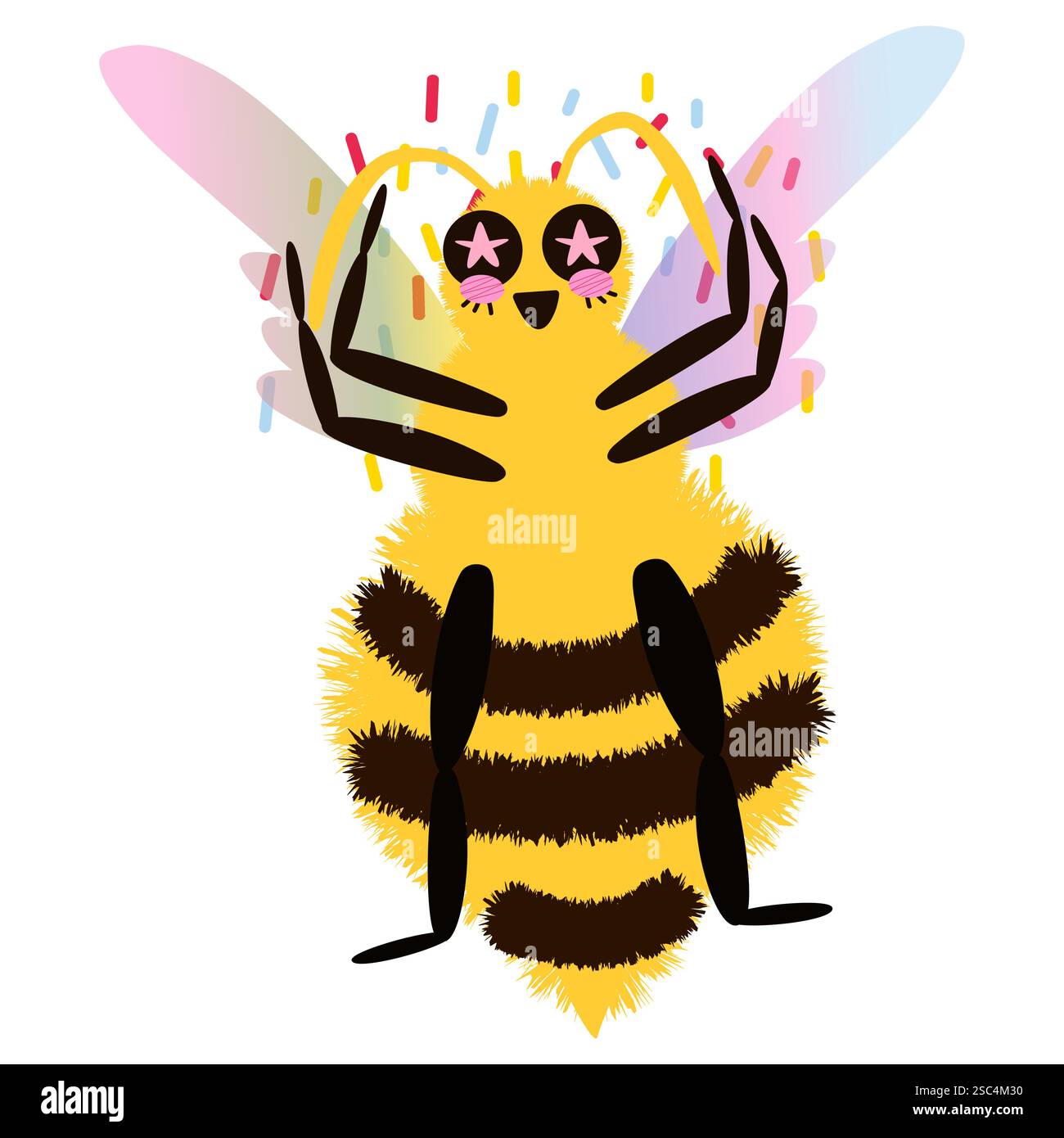 Fluffy Bee character with colorful wings celebrating. Whimsical and ...