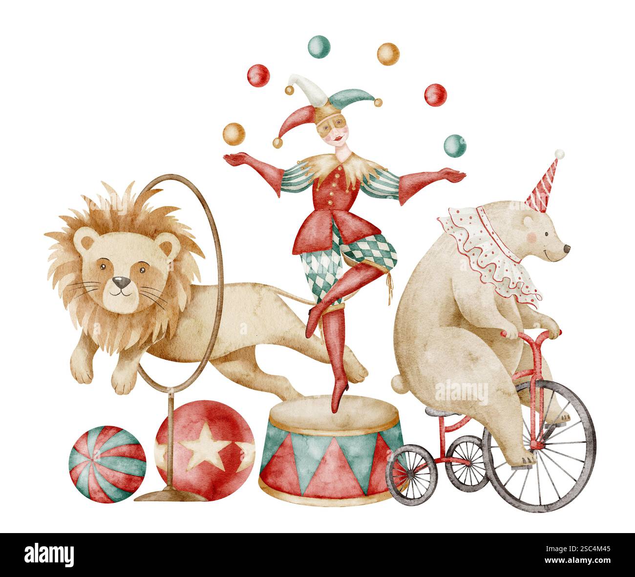 Watercolor illustration of Circus performance with vintage animals ...