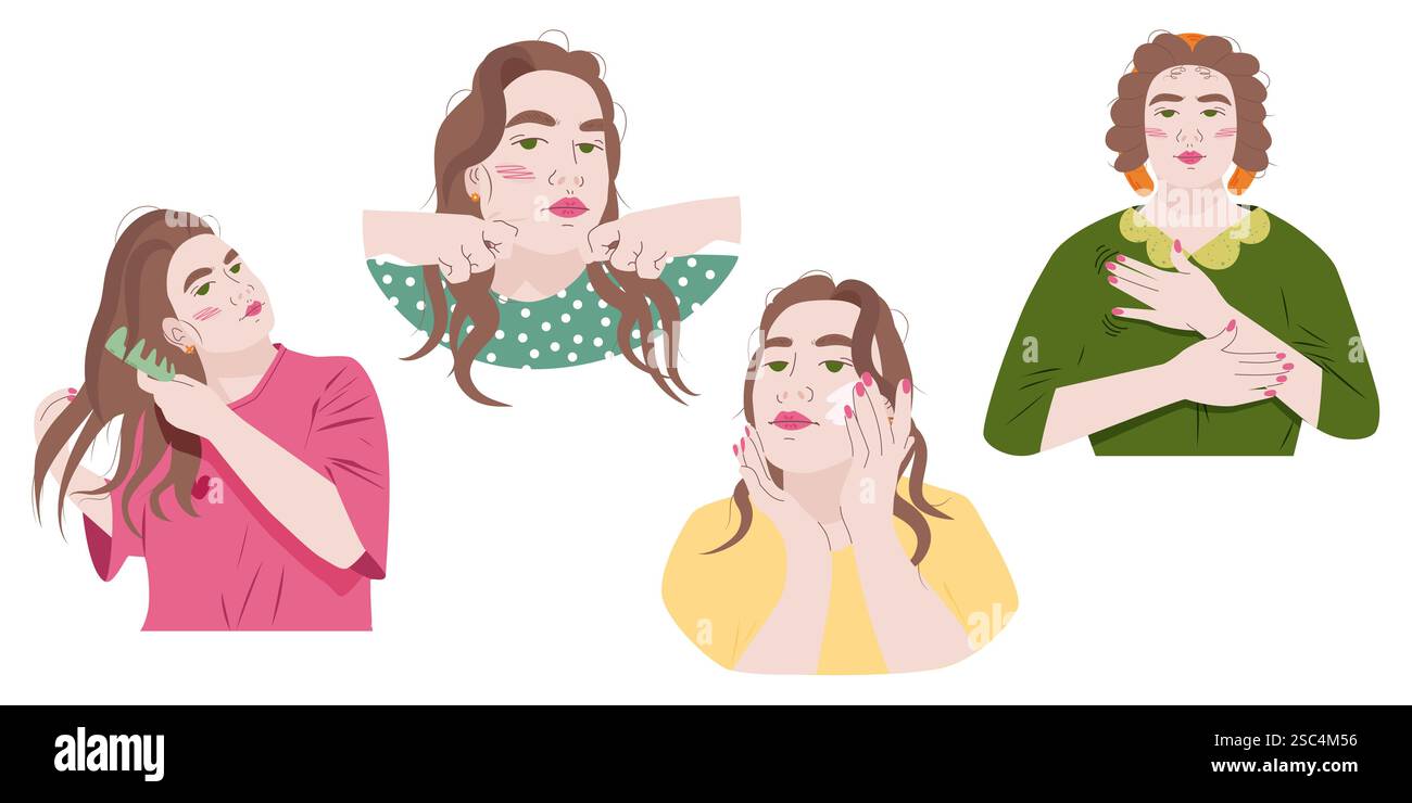 Self-care women with beauty routines. Hair brushing, skincare ...