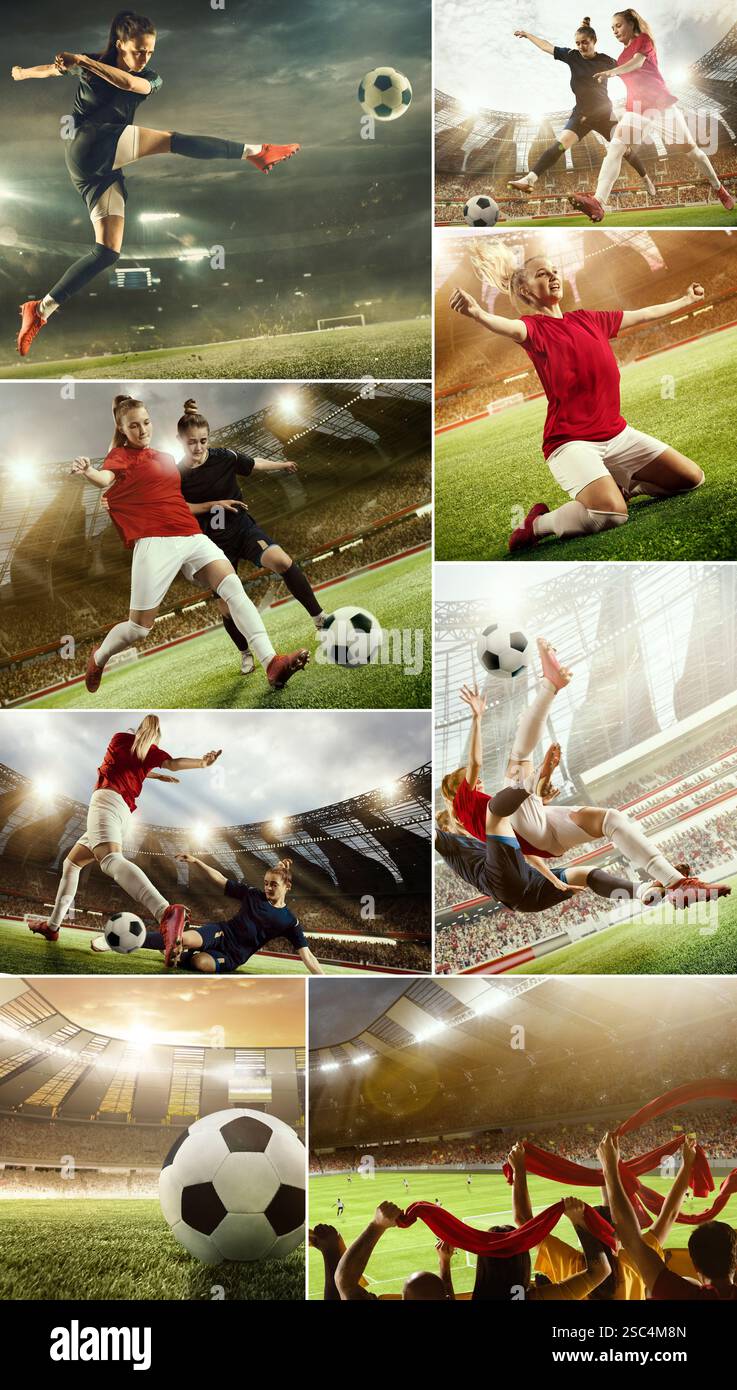 Women soccer. Female athletes in fierce competition, kicking, blocking ...