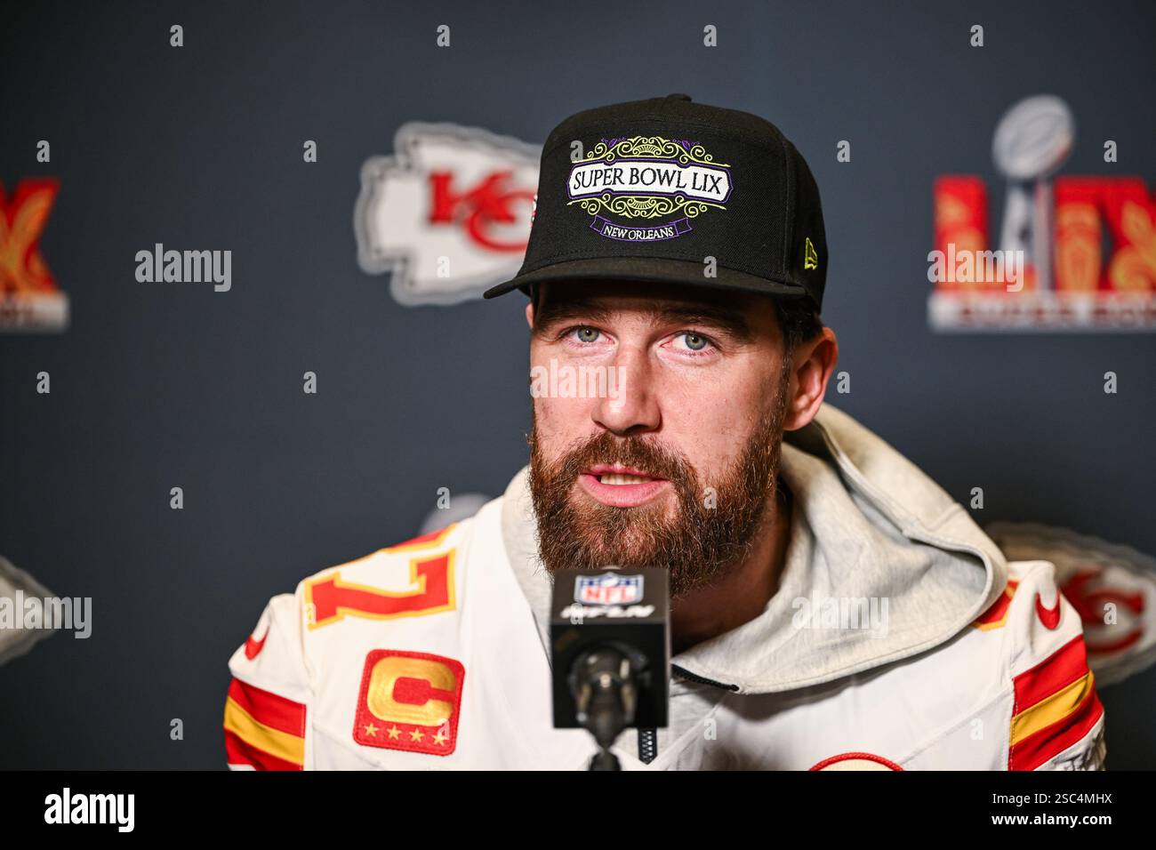 Kansas City Chiefs Tight End, Travis Kelce, during a media conference ...