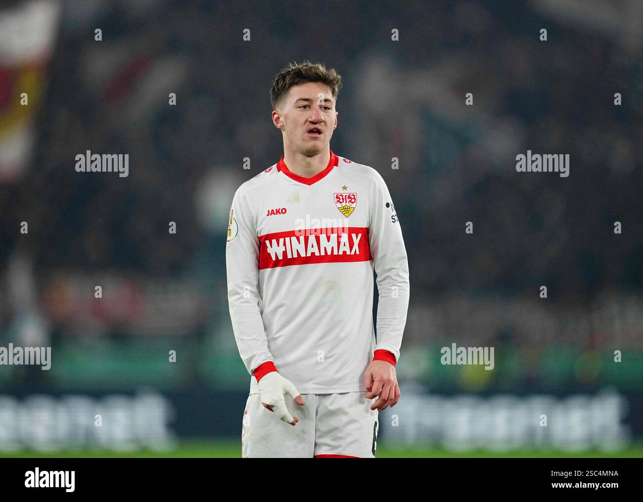 February 04 2025: Angelo Stiller of VfB Stuttgart looks on during a DFB ...