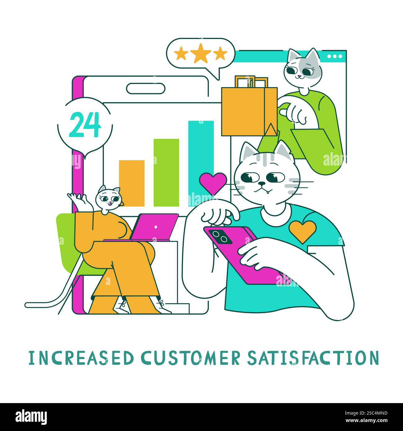 This illustration portrays customer satisfaction through engaging ...