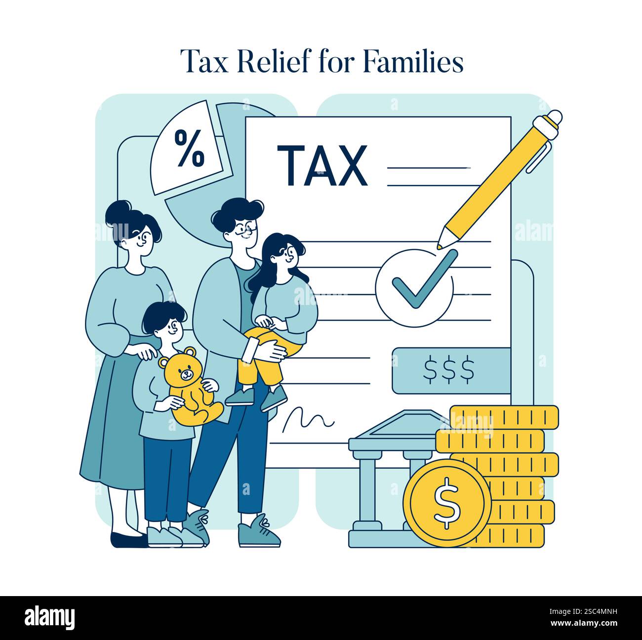 Tax relief concept. A family with children stands next to a giant tax ...