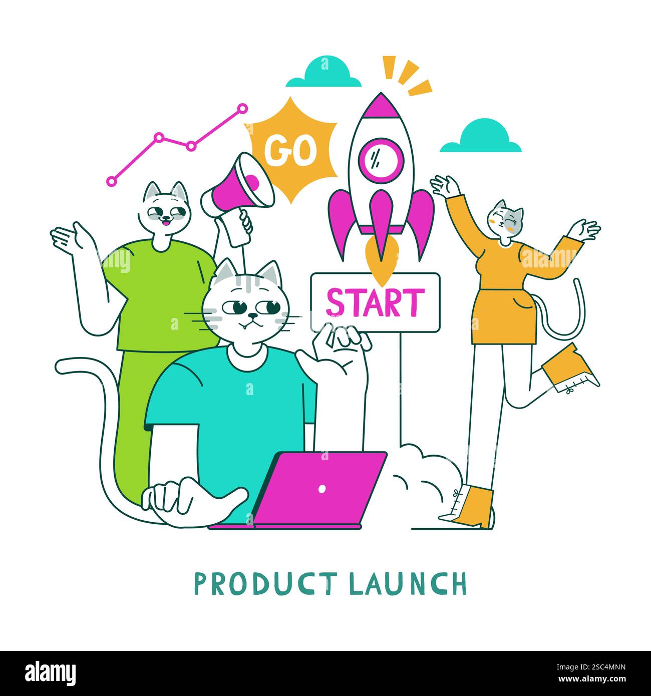 This illustration features a playful scene of cats celebrating a ...