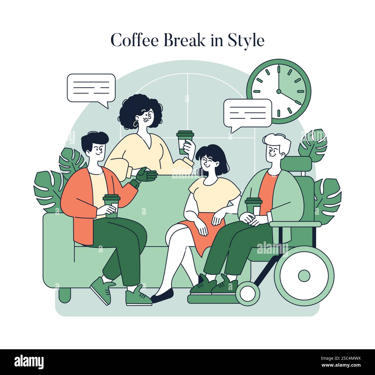 Coffee Break in Style concept. This illustration portrays a vibrant ...