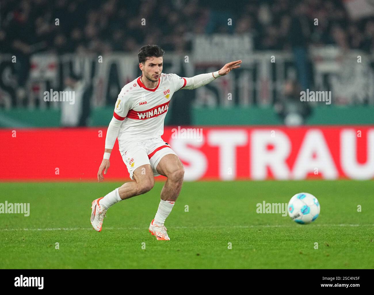 February 04 2025: Leonidas Stergiou of VfB Stuttgart controls the ball ...
