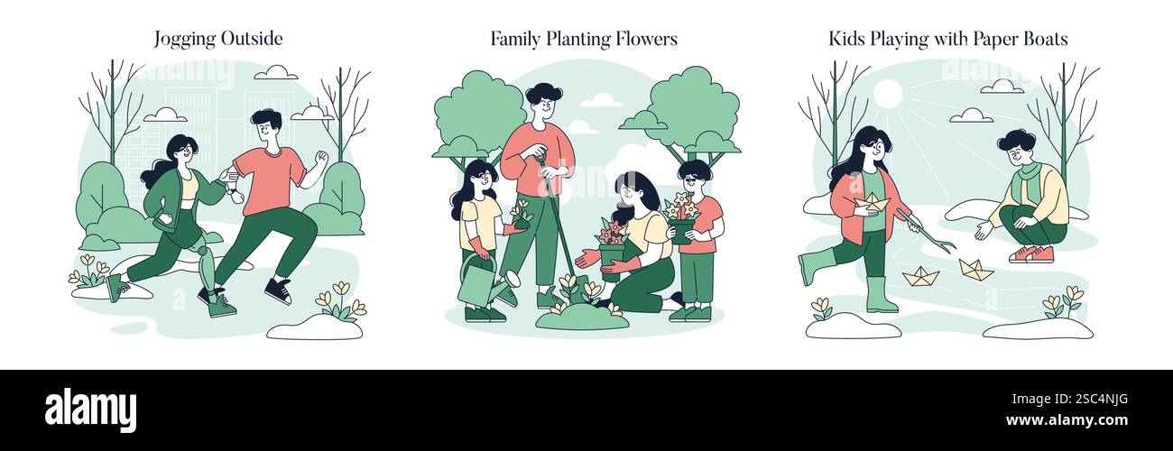 A family taking part in planting activities together outdoors, which ...