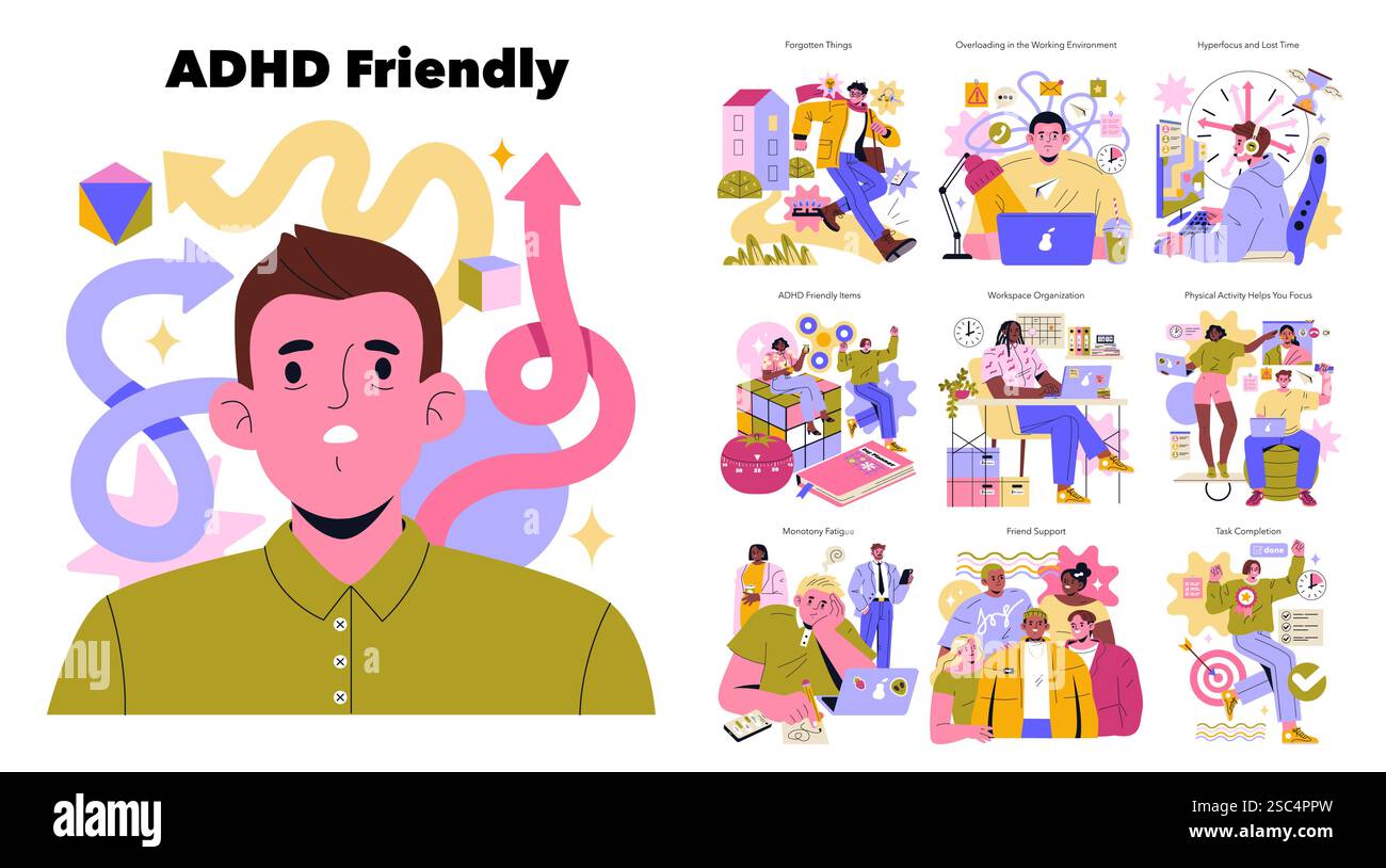 ADHD Friendly illustration represents various strategies for managing ...