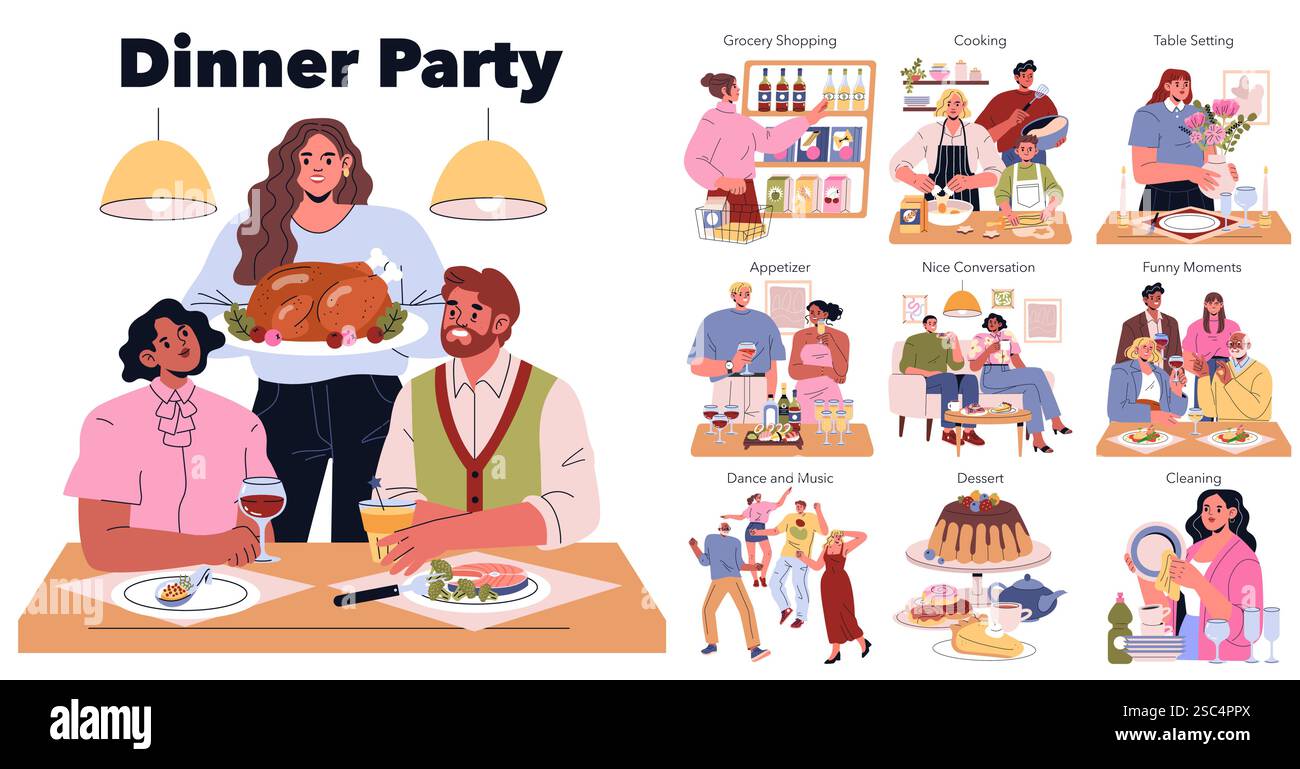 Dinner party activities depicted with friends enjoying various moments ...