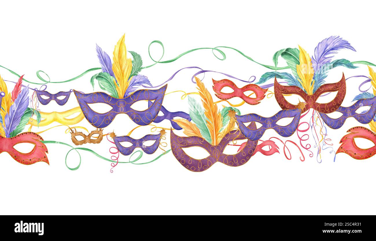 Watercolor masquerade masks with colorful bird feathers, ribbons ...