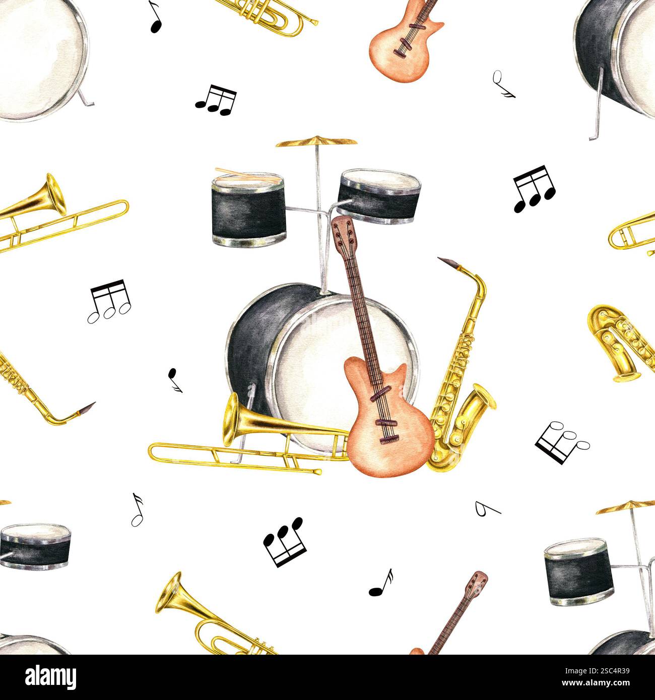 Watercolor drum kit, electric guitar, saxophone, trombone with flying ...