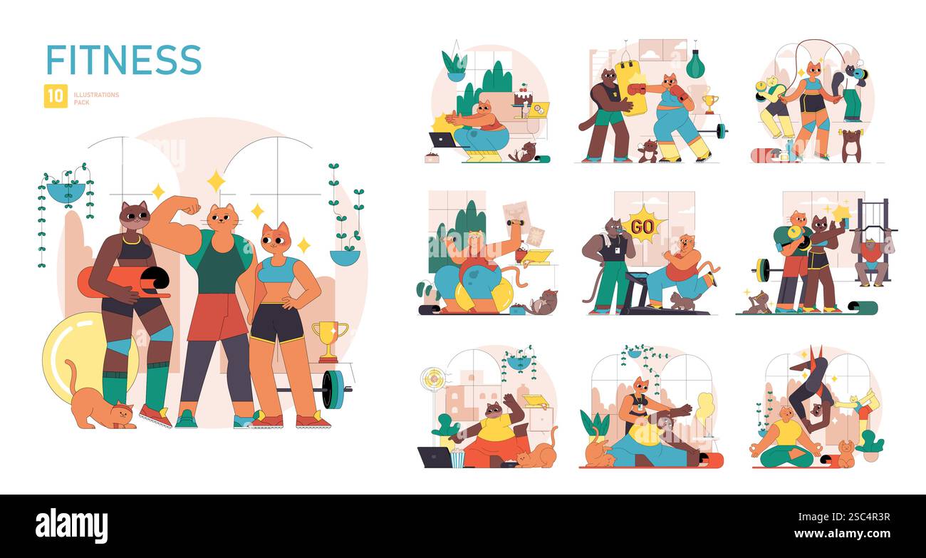 Fitness illustration set. Engaging characters showcasing various ...