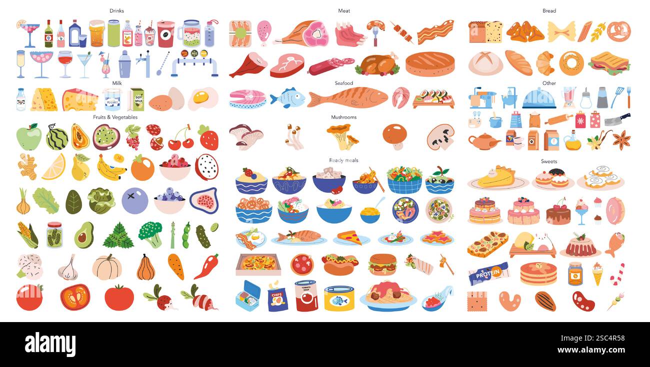 Food set. A comprehensive collection of various food items, including fruits, vegetables, meats ...