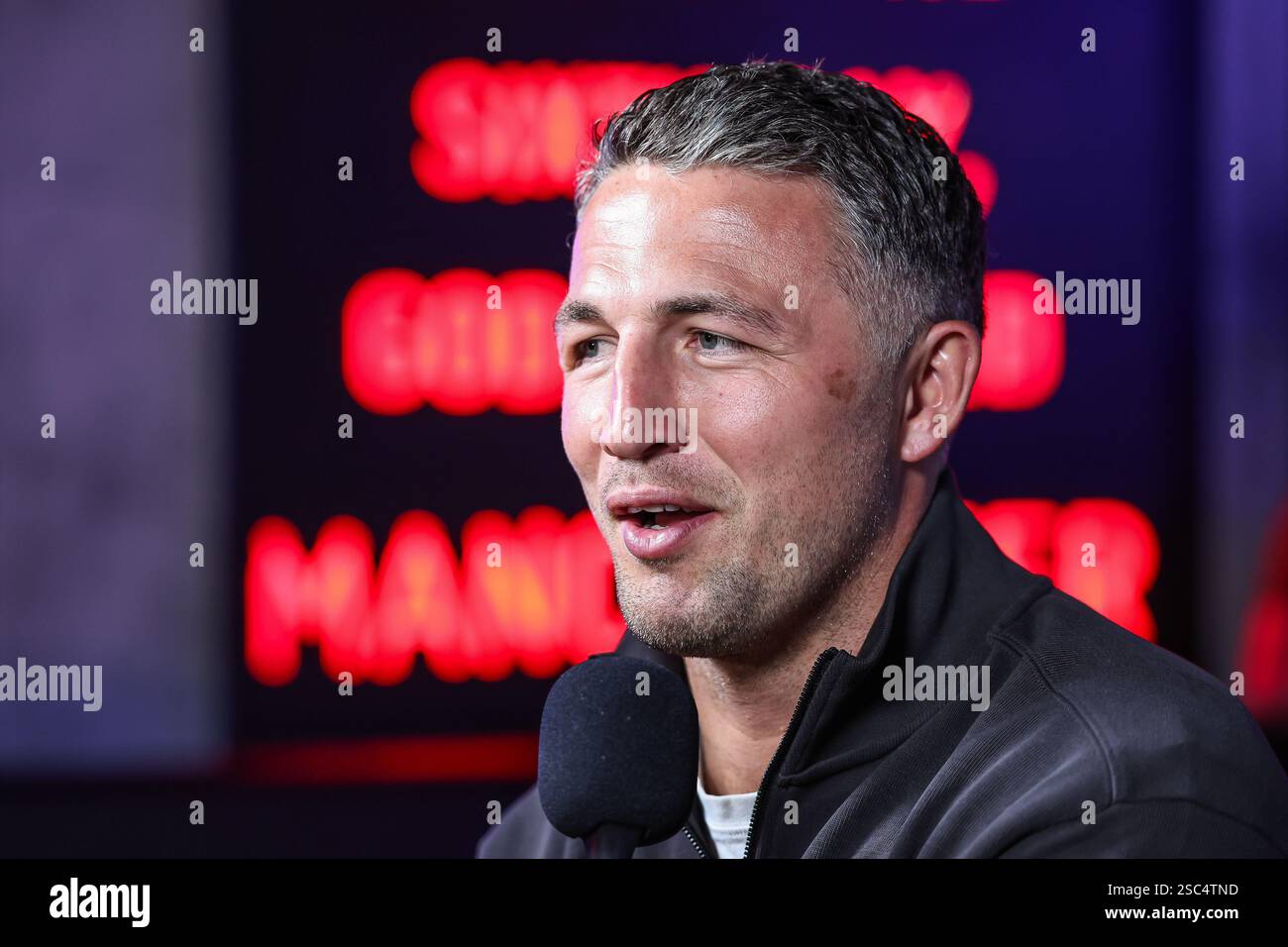 Sam Burgess Head Coach of Warrington Wolves being interviewed during ...