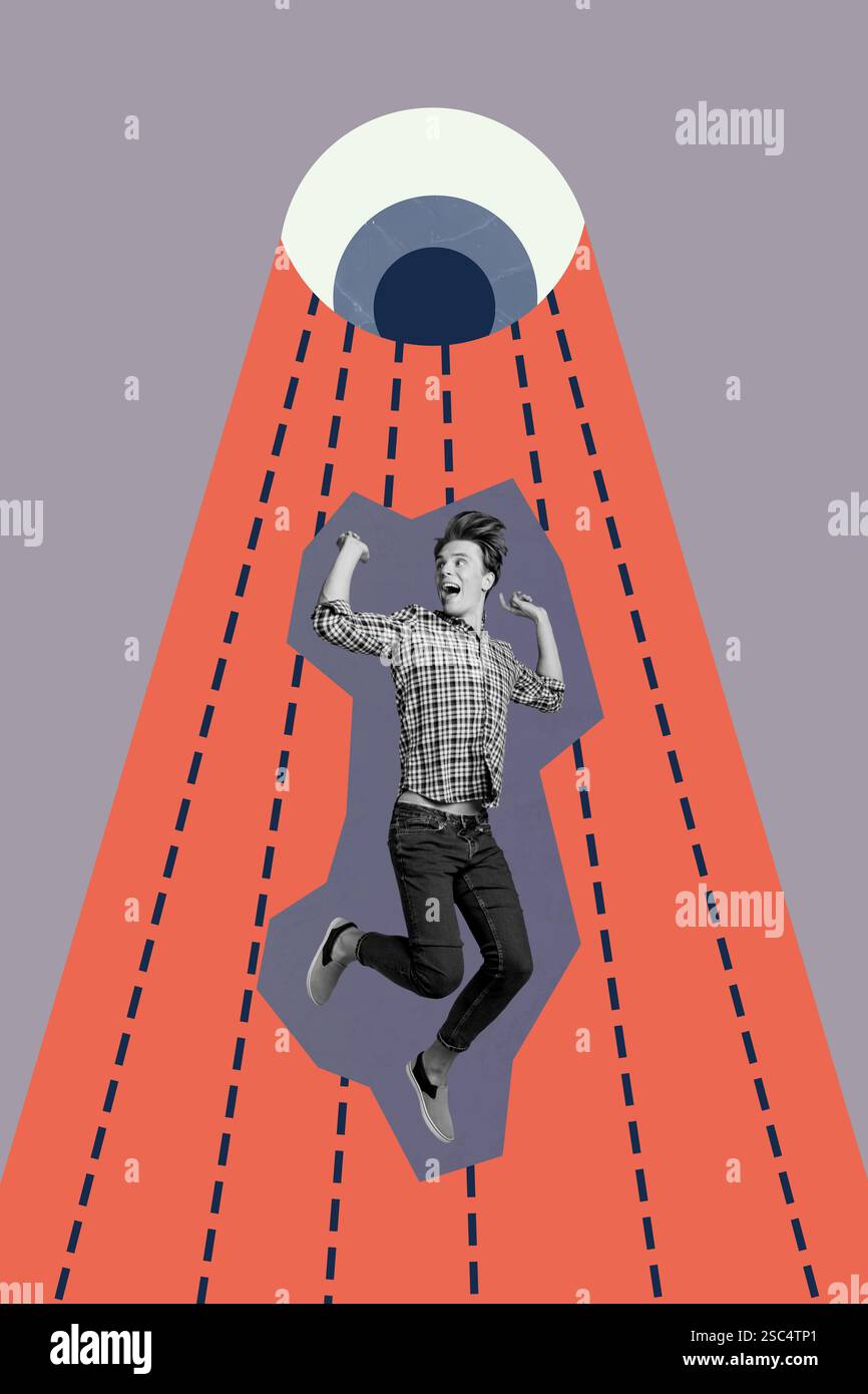 Vertical art banner collage of scared man run ufo eyeball stare control ...