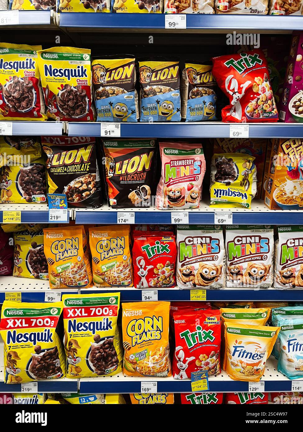 Kyiv, Ukraine - February 04, 2025: A selection of cereal boxes neatly ...