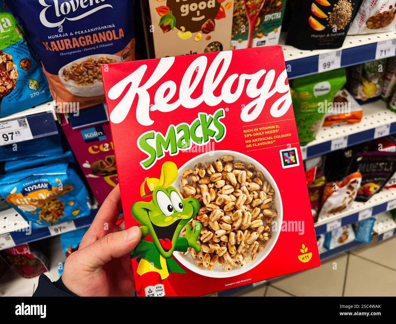 Kyiv, Ukraine - February 04, 2025: A close-up of a Kellogg's Smacks ...