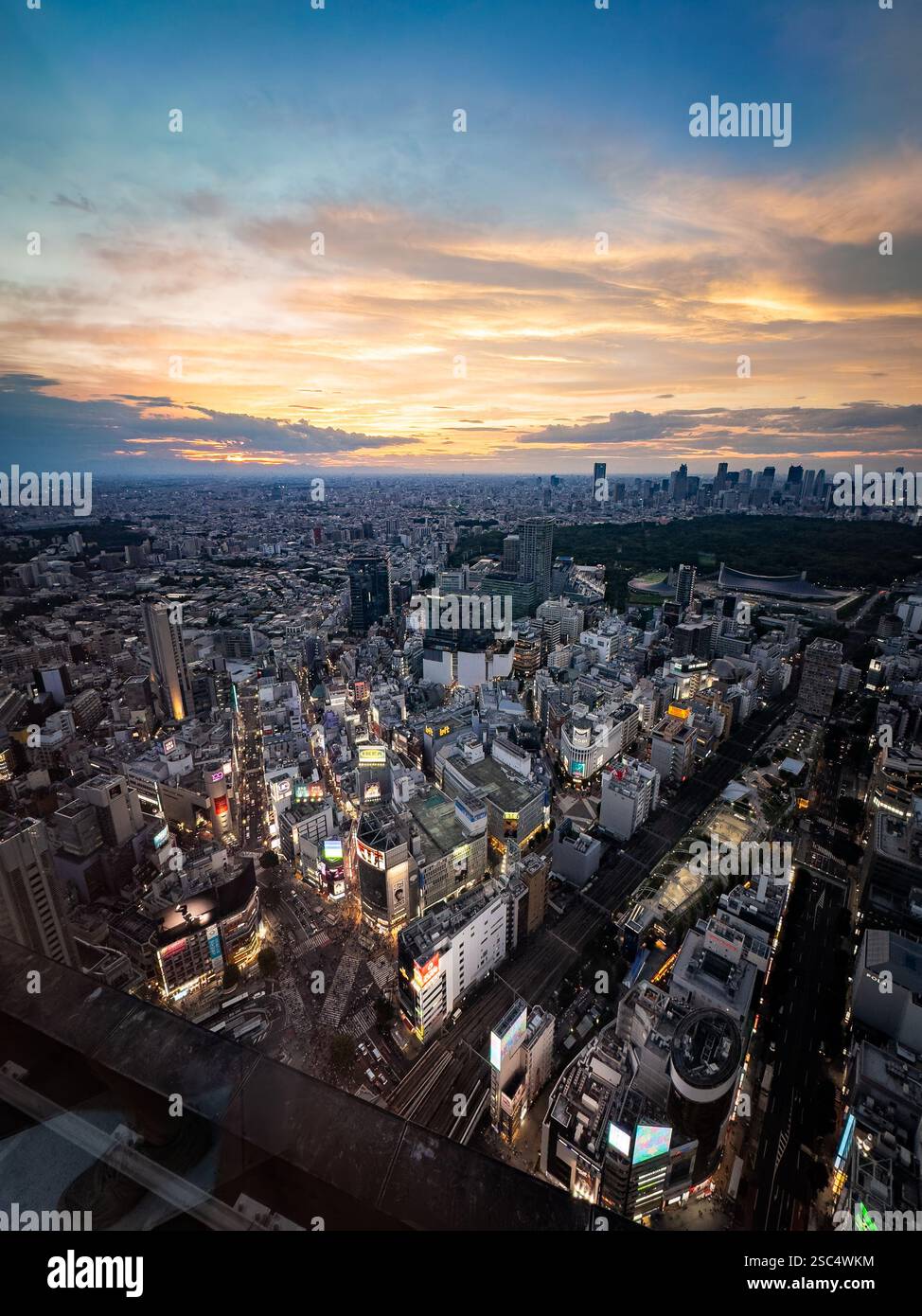 Views of Tokyo from Shibuya Sky rooftop at sunset, in Shibuya, Tokyo ...