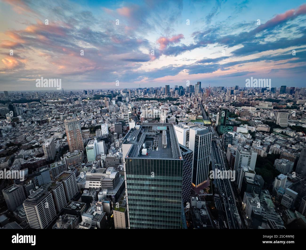 Views of Tokyo from Shibuya Sky rooftop at sunset, in Shibuya, Tokyo ...