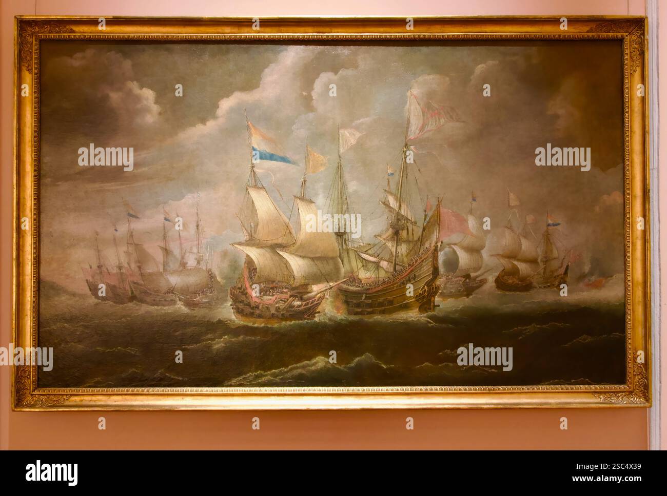Mid 17th century oil on canvas painting Naval combat between Spanish ...