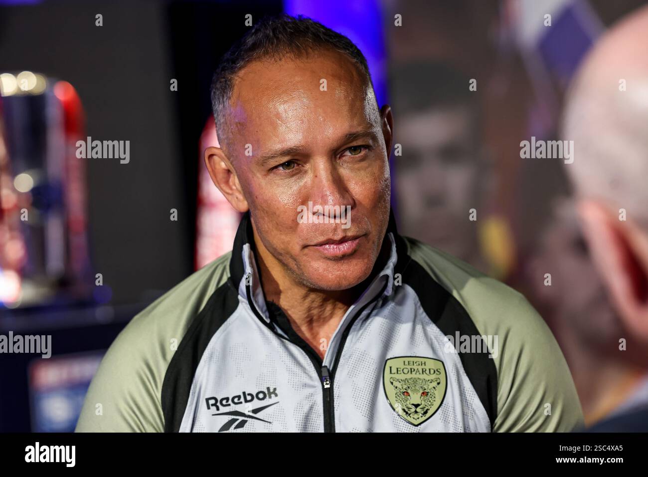 Adrian Lam Head coach of Leigh Leopards being interviewed during the ...