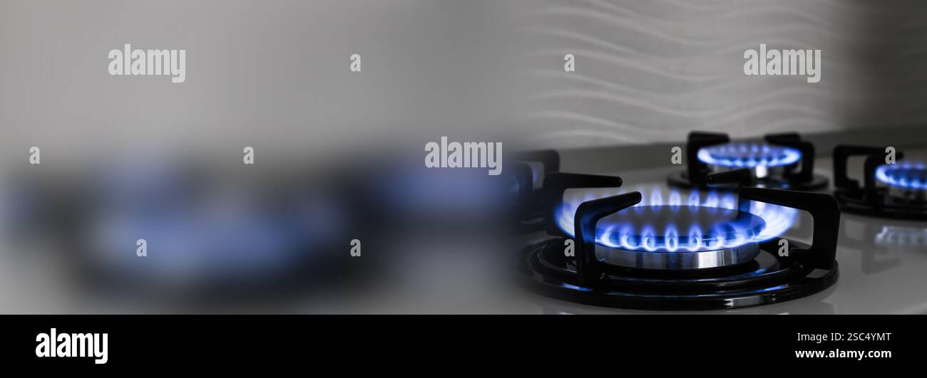 Gas burners with blue flame on stove, closeup. Banner design with space ...