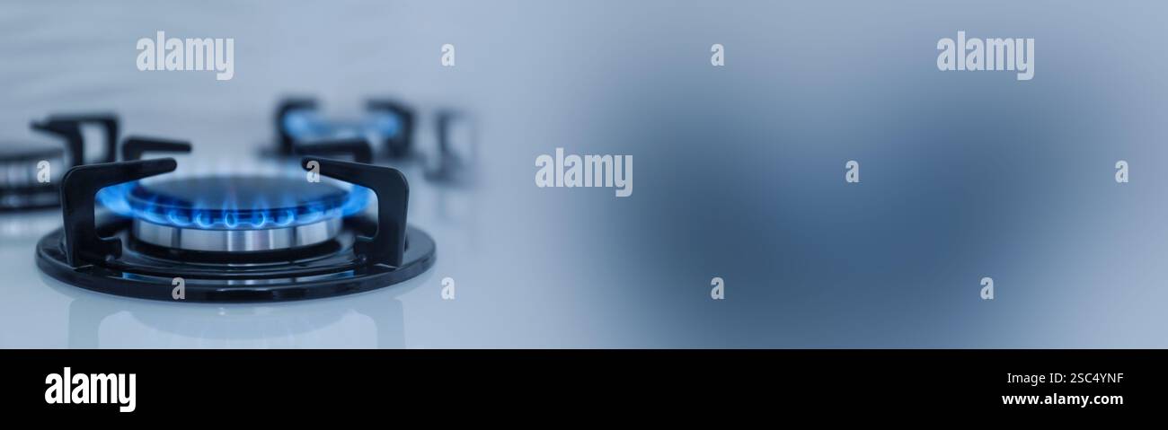 Gas burner with blue flame on stove, closeup. Banner design with space ...