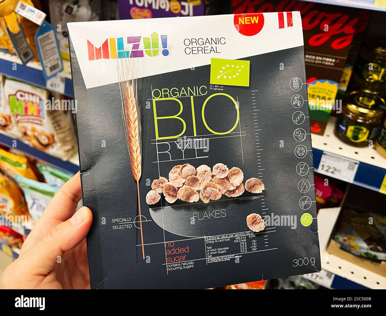 Kyiv, Ukraine - February 04, 2025: Organic labeled rye cereal packaging ...