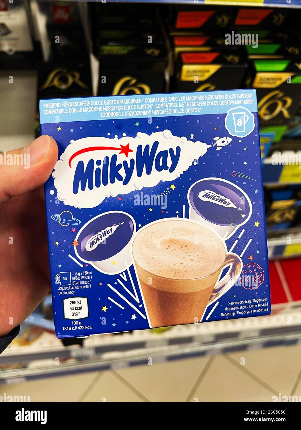 Kyiv, Ukraine - February 04, 2025: Box of MilkyWay drink pods captured ...