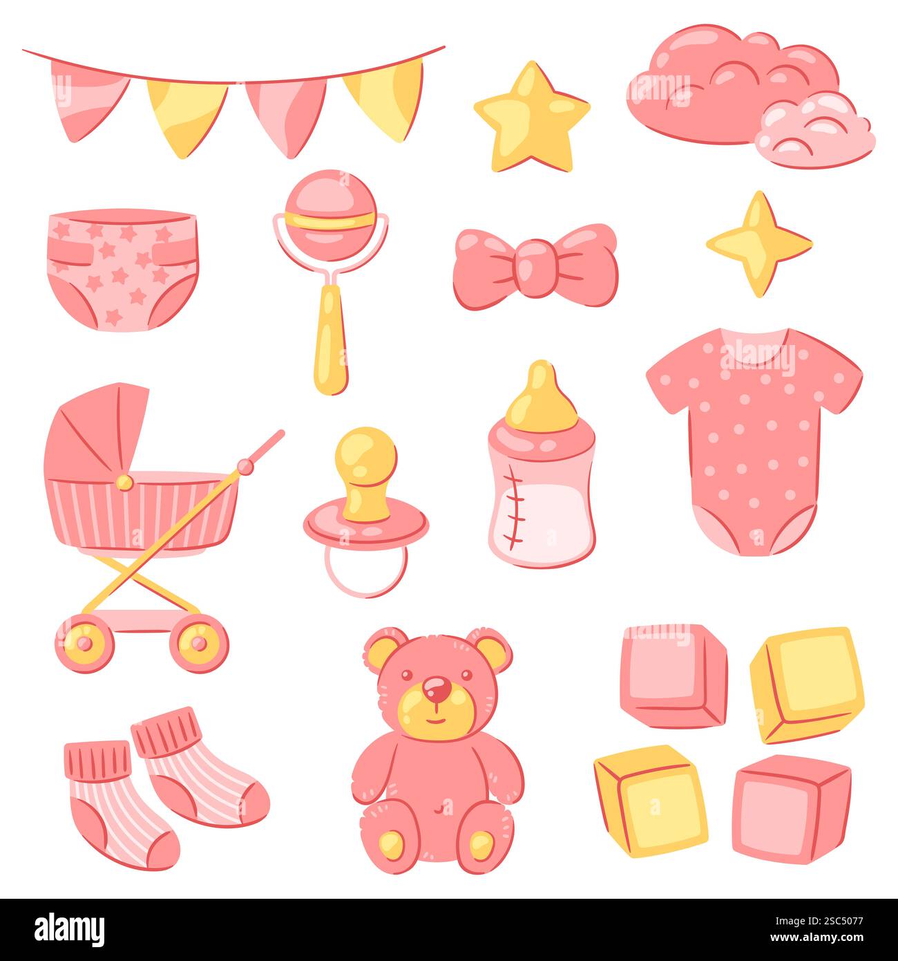 Baby shower set of objects. New born baby girl Happy Birthday Stock ...
