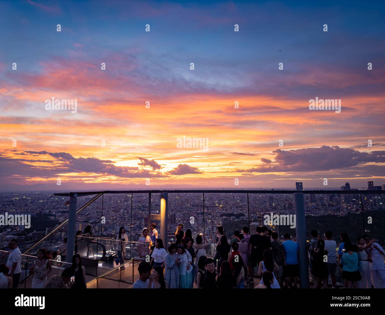 Views of Tokyo from Shibuya Sky rooftop at sunset, in Shibuya, Tokyo ...