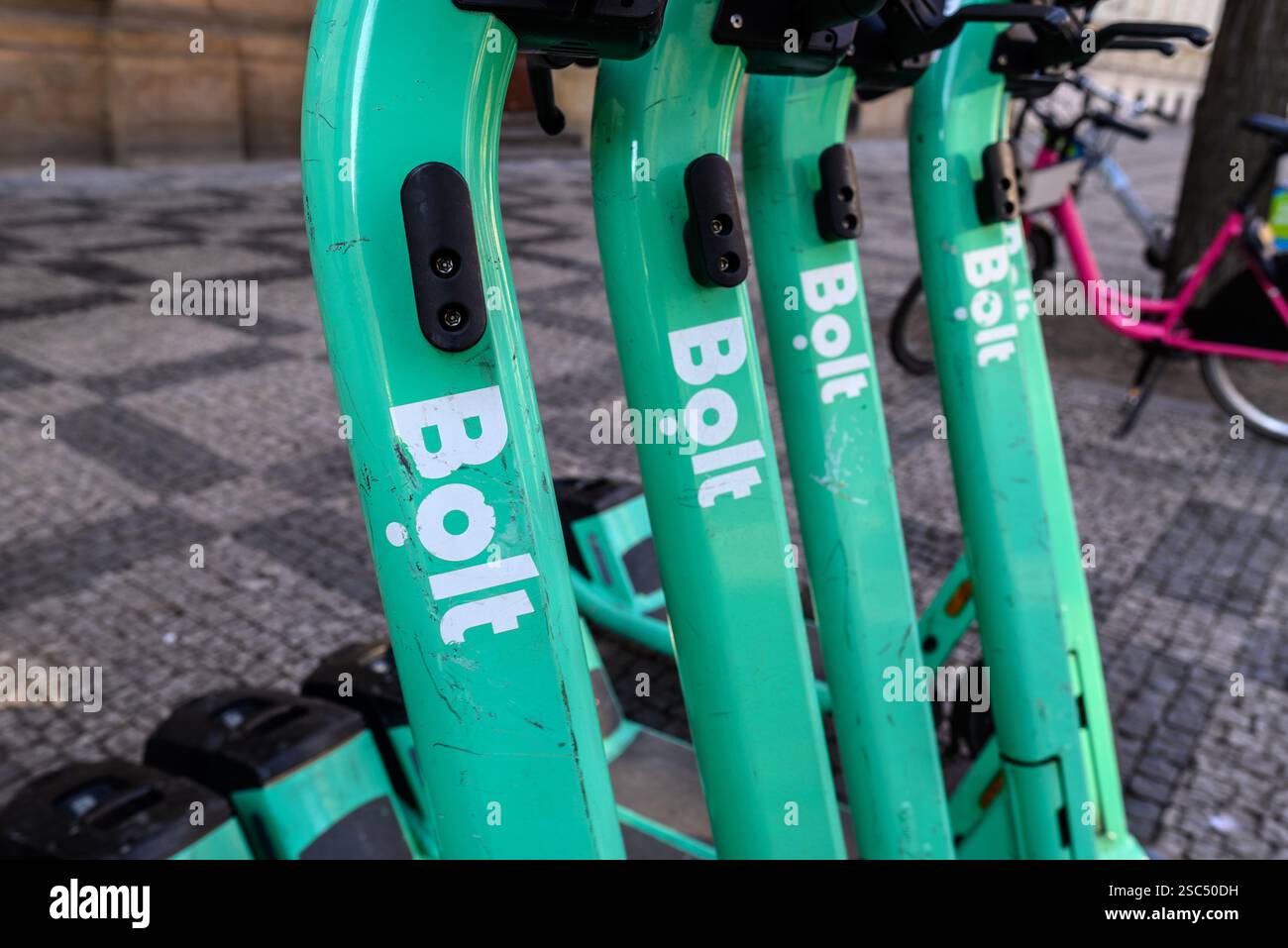 Bolt electric scooters parked in historic centre of Prague, capital of ...