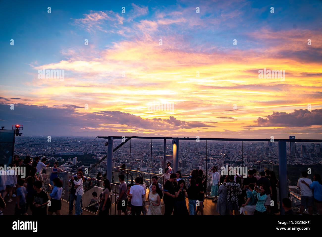 Views of Tokyo from Shibuya Sky rooftop at sunset, in Shibuya, Tokyo ...