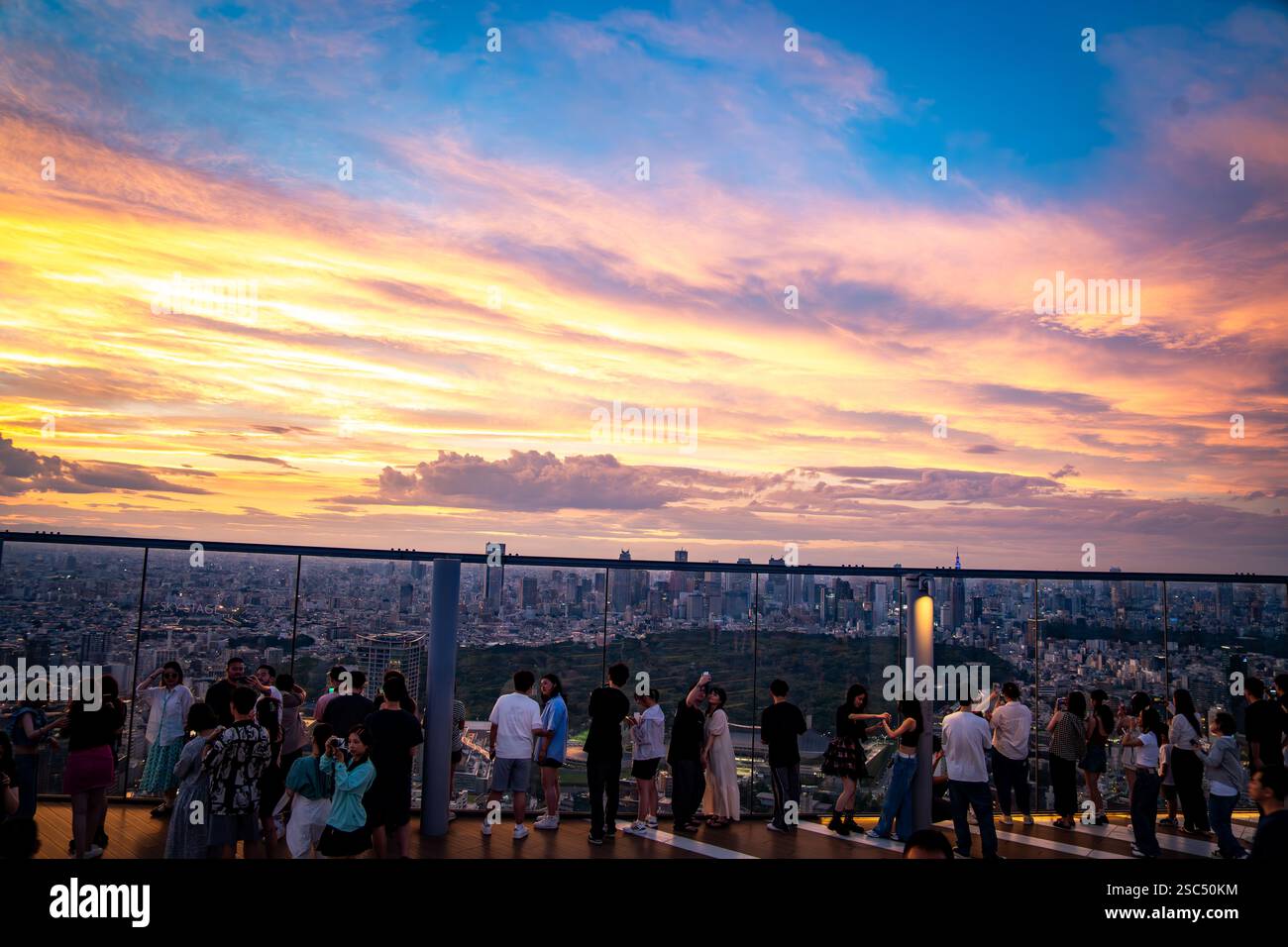 Views of Tokyo from Shibuya Sky rooftop at sunset, in Shibuya, Tokyo ...