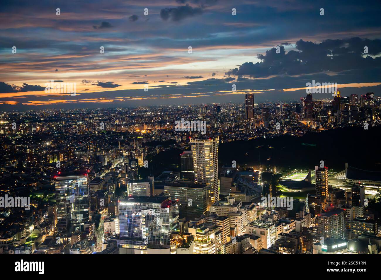 Views of Tokyo from Shibuya Sky rooftop at sunset, in Shibuya, Tokyo ...