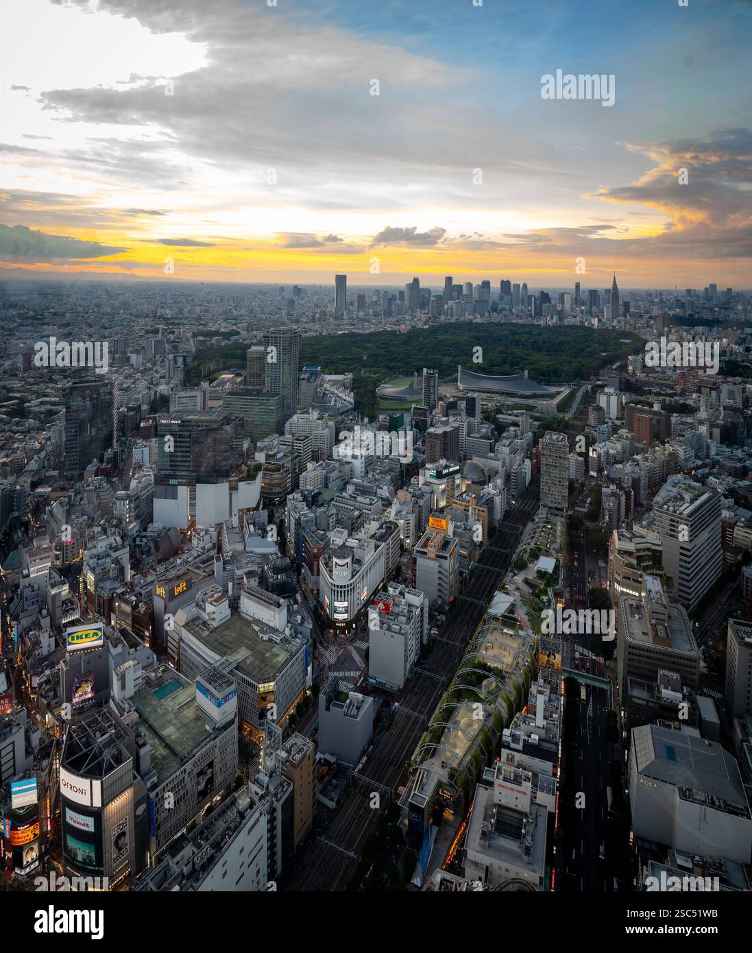 Views of Tokyo from Shibuya Sky rooftop at sunset, in Shibuya, Tokyo ...